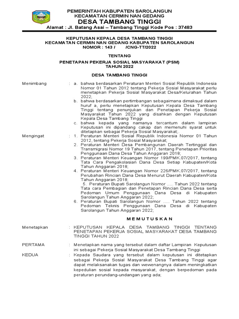 Penetapan Pekerja Sosial Desa 2022 | PDF