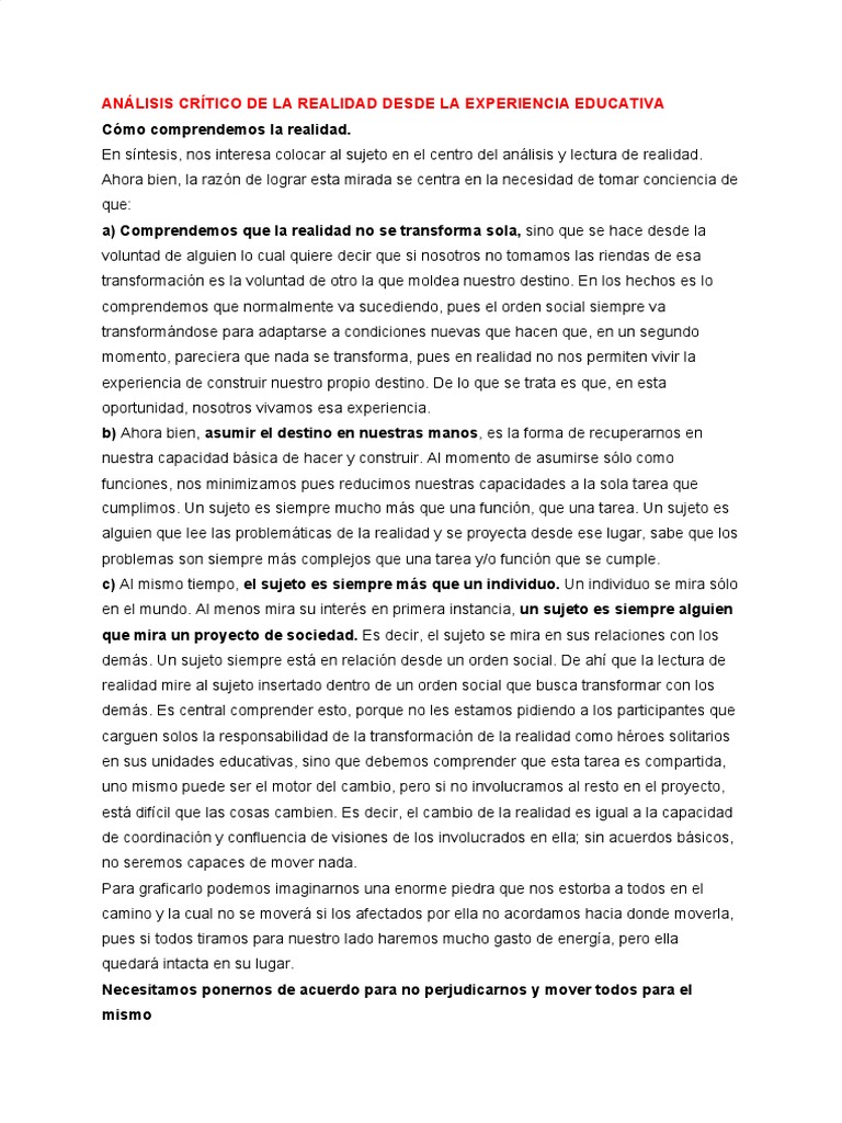 Análisis Crítico De La Realidad Desde La Experiencia Educativa Pdf