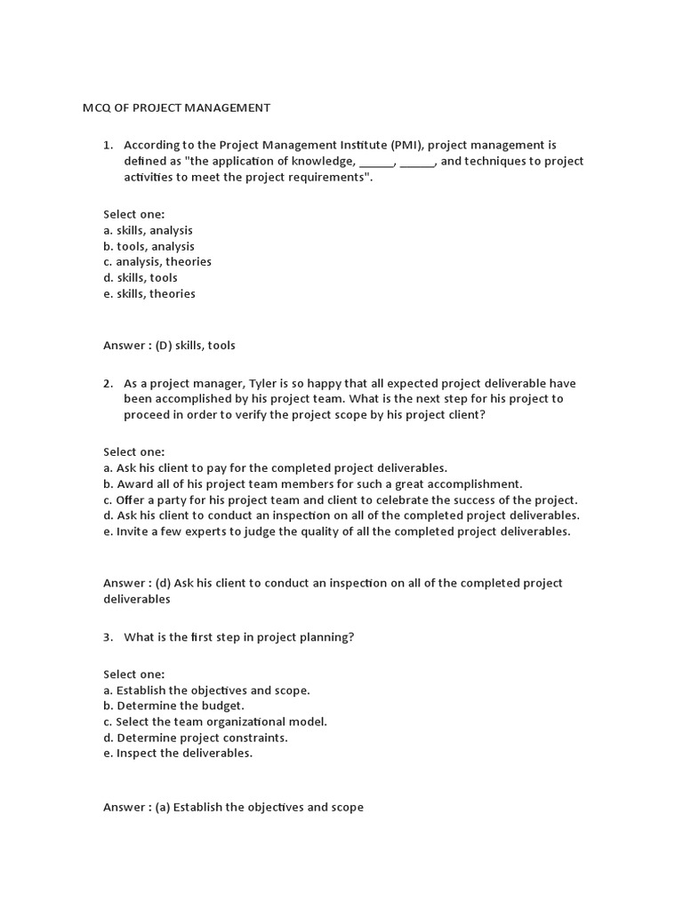 MCQ of Project Management Part 1 | PDF