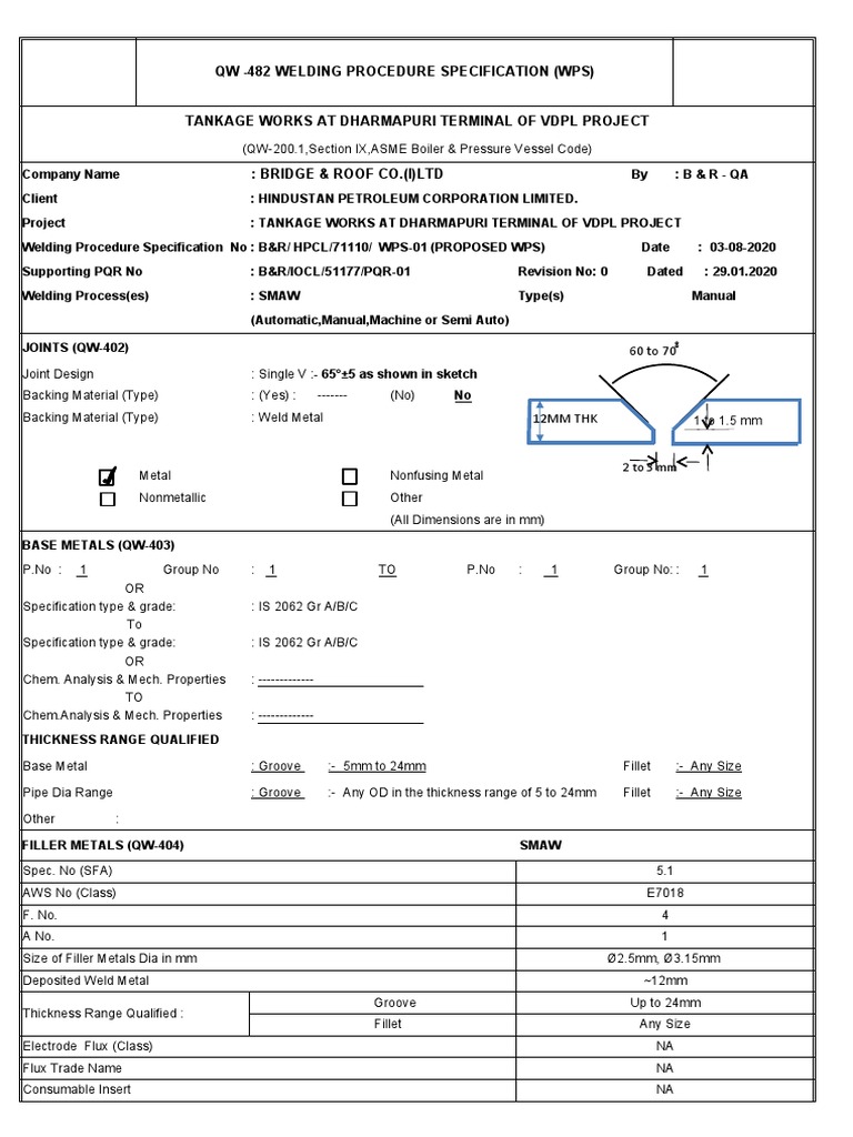 QW - 482 Welding Procedure Specification (WPS) Tankage Works at ...