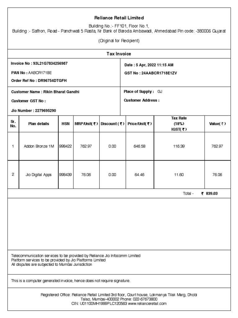 Jio Invoice Apr | PDF | Invoice | Taxes