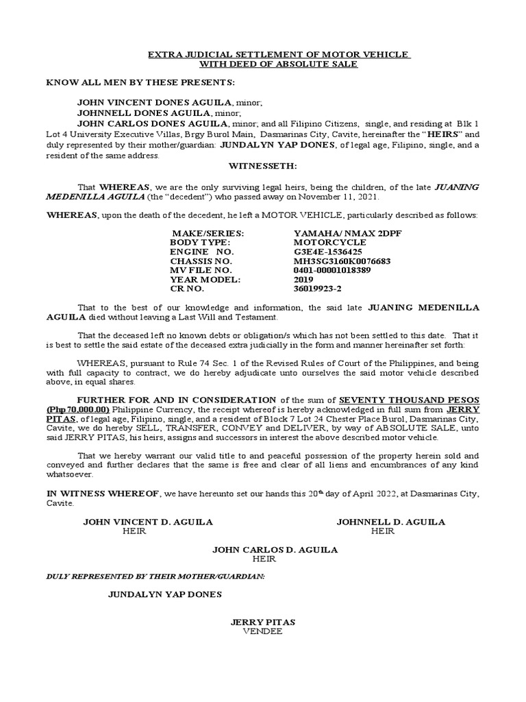 Extra Judicial Settlement of Motor Vehicle Aguila | PDF | Deed | Government