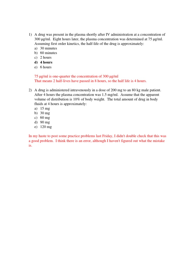 Pharmacokinetics Practice Problems | PDF | Pharmacokinetics | Pharmacy
