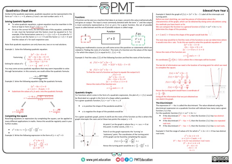 Quadratics Cheat Sheet Edexcel Pure Year 1: Function 3 + 2 11 | PDF ...