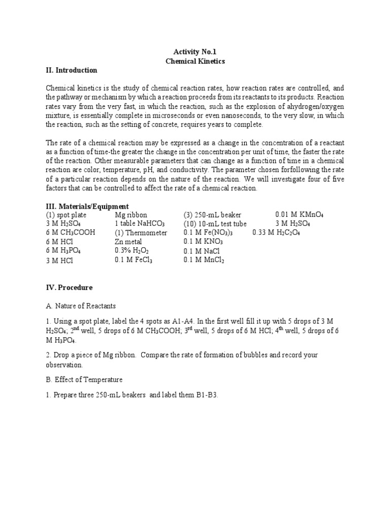 Lab Activity 1 Sheet | PDF | Chemical Kinetics | Chemical Reactions