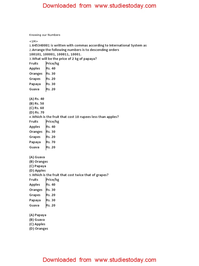 CBSE Class 6 Knowing Our Numbers Worksheet | PDF | Mathematics ...