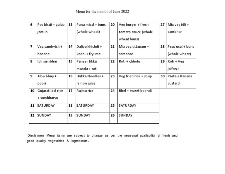 Food Menu For The Month of June | PDF