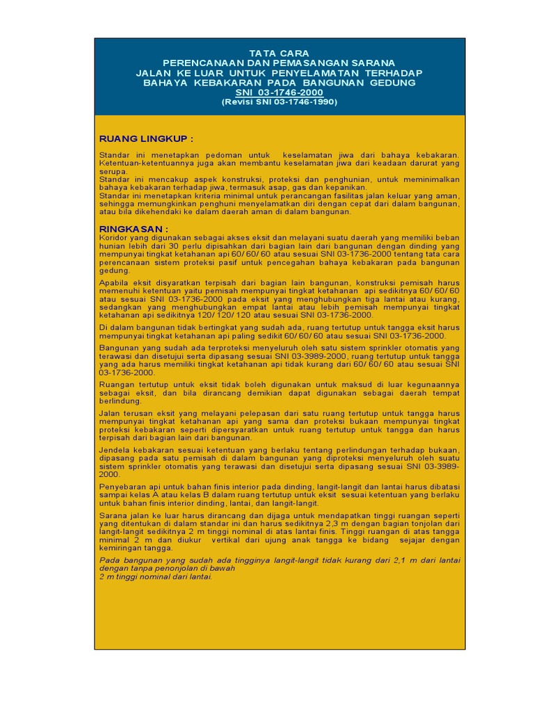 Standar SNI 03-1746: Jalan Keluar Kebakaran | PDF
