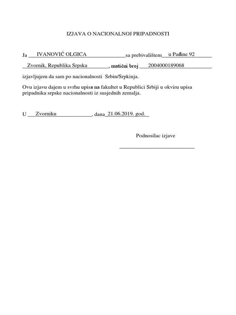 Izjava o Pripadnosti Srpskoj Nacionalnosti Popunjeno 2 | PDF