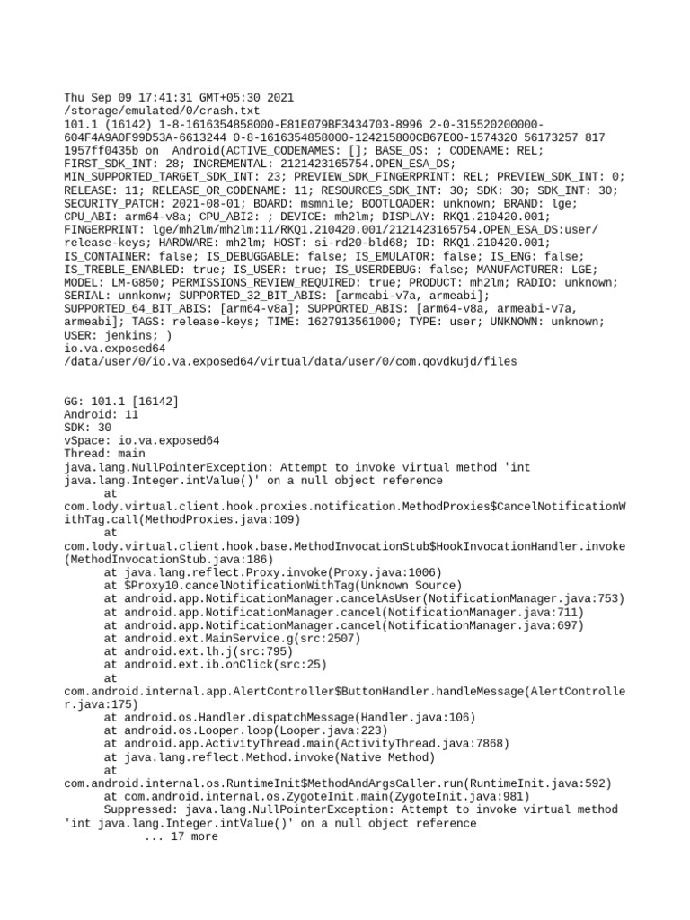 Android Virtual Space Crash Log Analysis - NullPointerException in Notification Manager ...