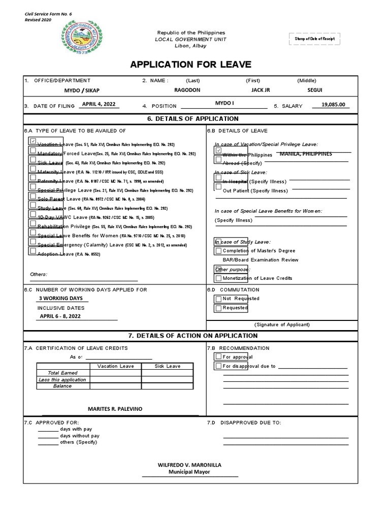 CS Form No. 6, Revised 2020 (Application For Leave) FORM | PDF ...