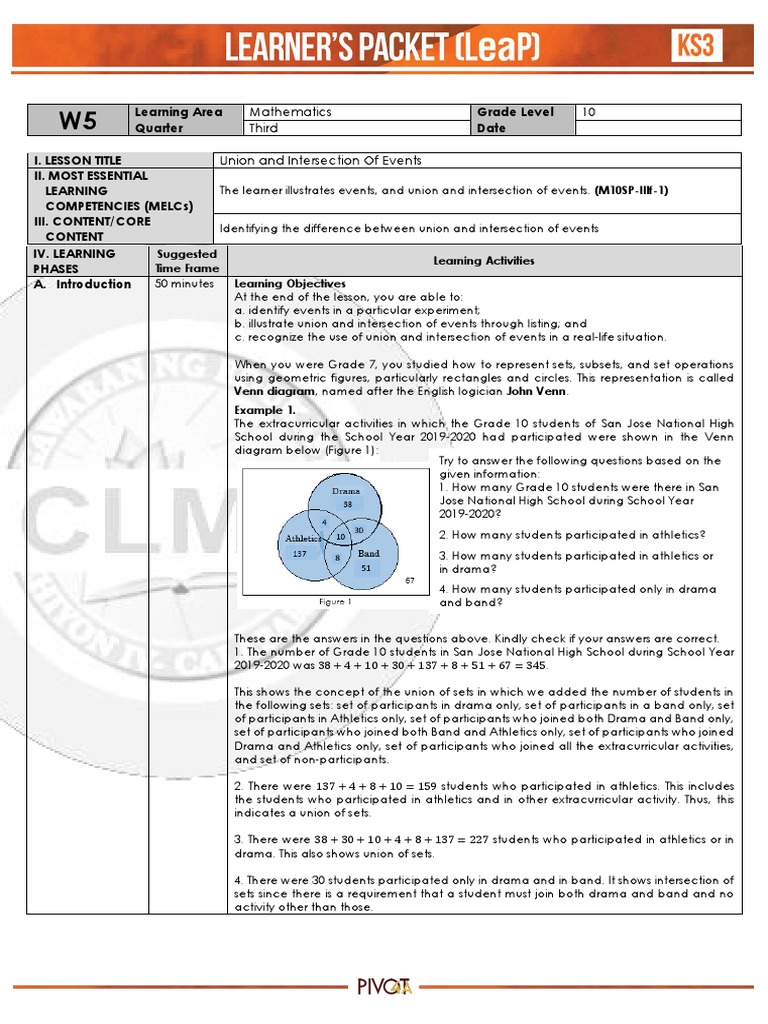 Mathematics 10 Third Union and Intersection of Events | PDF ...