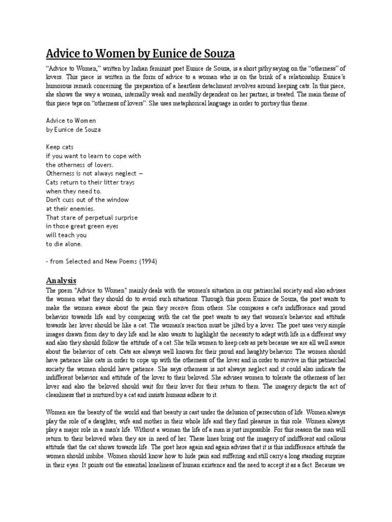 Advice To Women by Eunice de Souza | PDF | Poetry | Cats