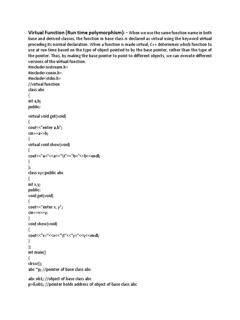 Virtual Function and Pure Virtual Function | PDF | Class (Computer Programming) | Inheritance ...