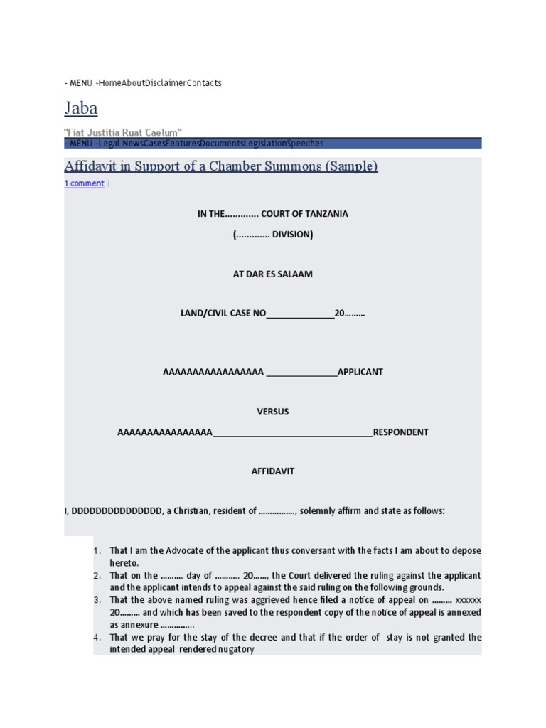 Affidavit in Support of A Chamber Summons (Sample) : "Fiat Justitia ...