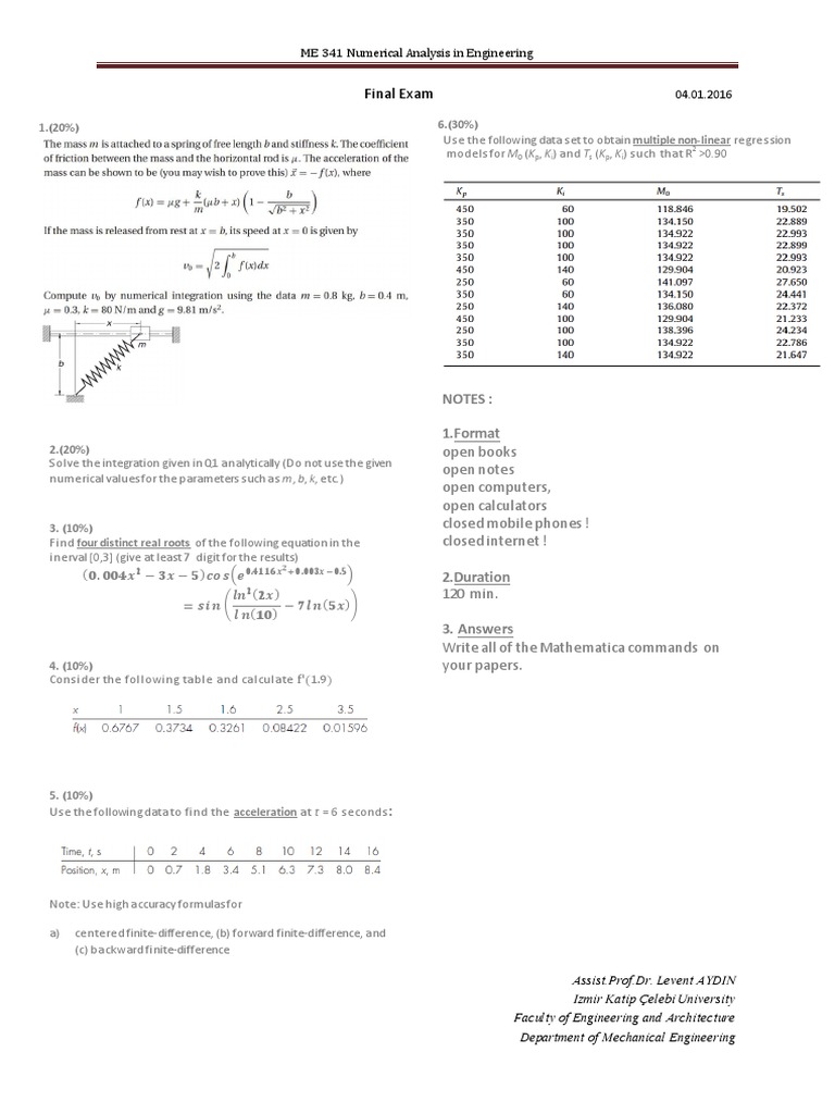 Final Exam: ME 341 Numerical Analysis in Engineering | PDF | Applied ...