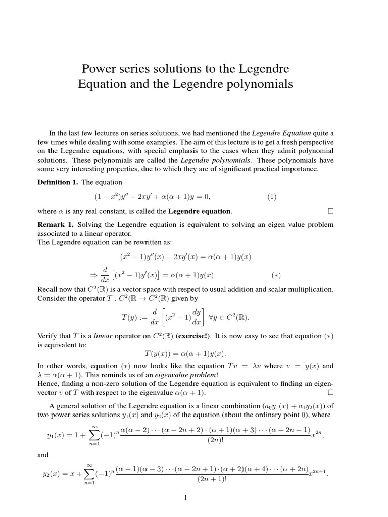 Power Series Solutions To The Legendre Equation and The Legendre Polynomials | PDF | Equations ...