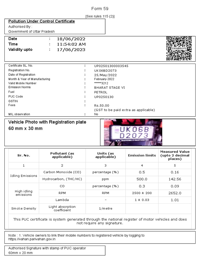 Pollution Under Control Certificate for Vehicle Registration UK06BD2073 ...