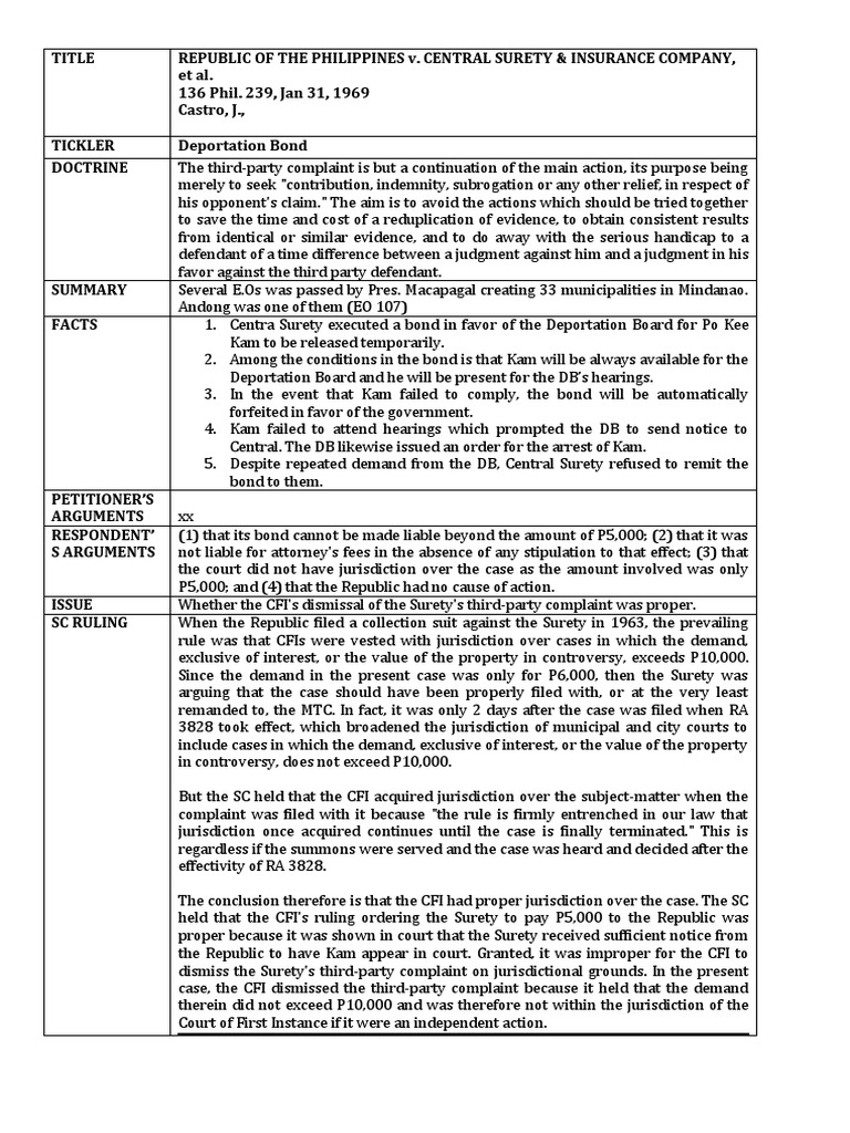 Republic Vs Central Surety and Po Kee Kam | PDF | Complaint | Surety