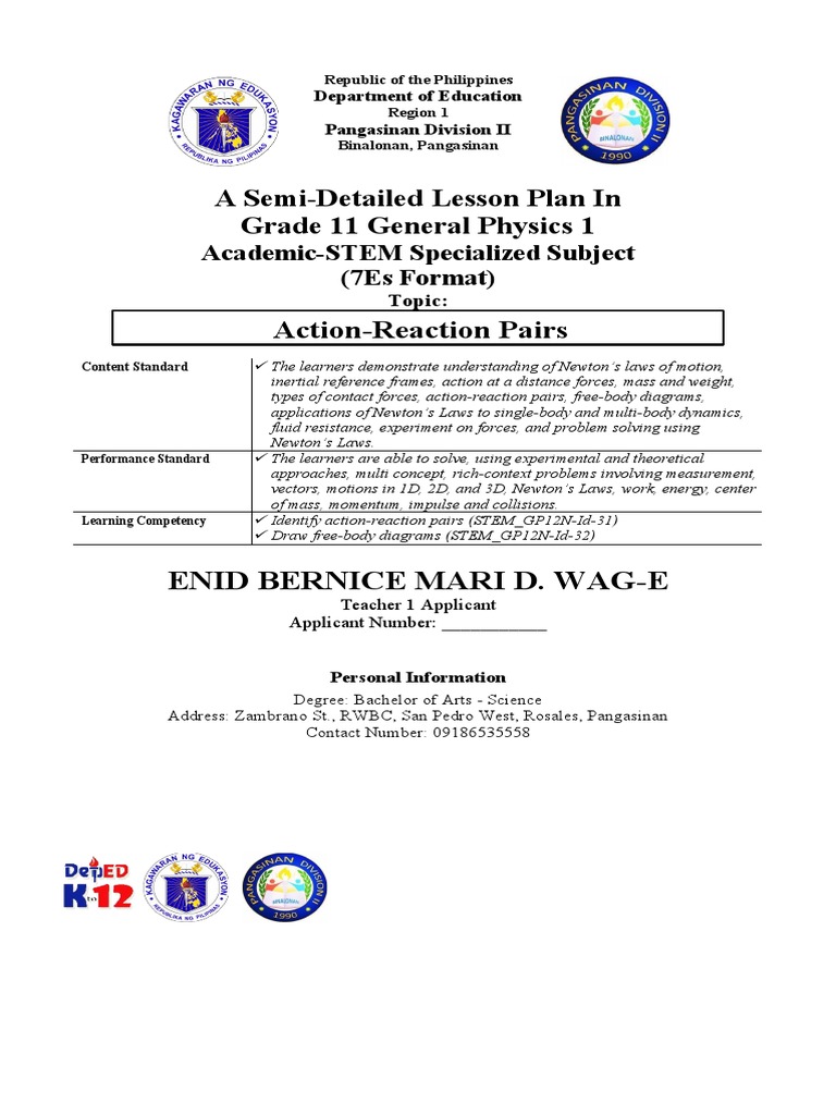 A Semi-Detailed Lesson Plan in Grade 11 General Physics 1: Action ...