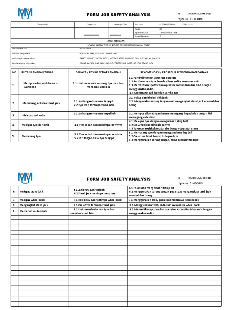 Jsa Remove Install Tyre Menggunakan Crane | PDF