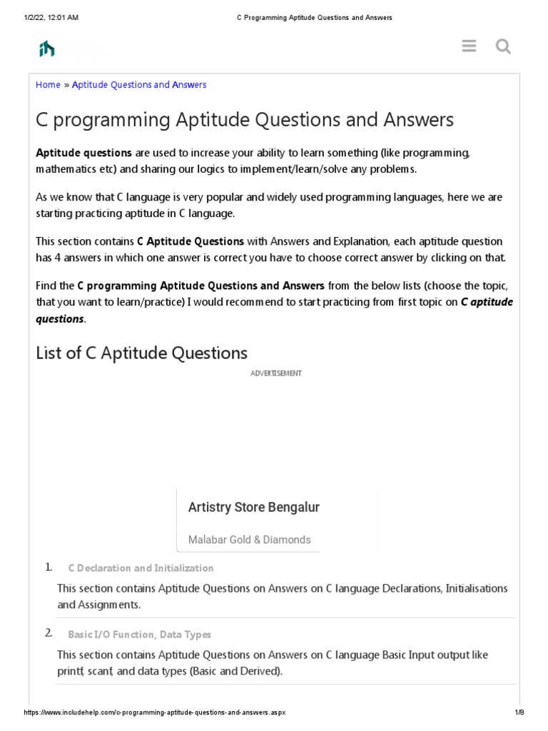 C Programming Aptitude Questions And Answers Pdf C Programming Language Pointer
