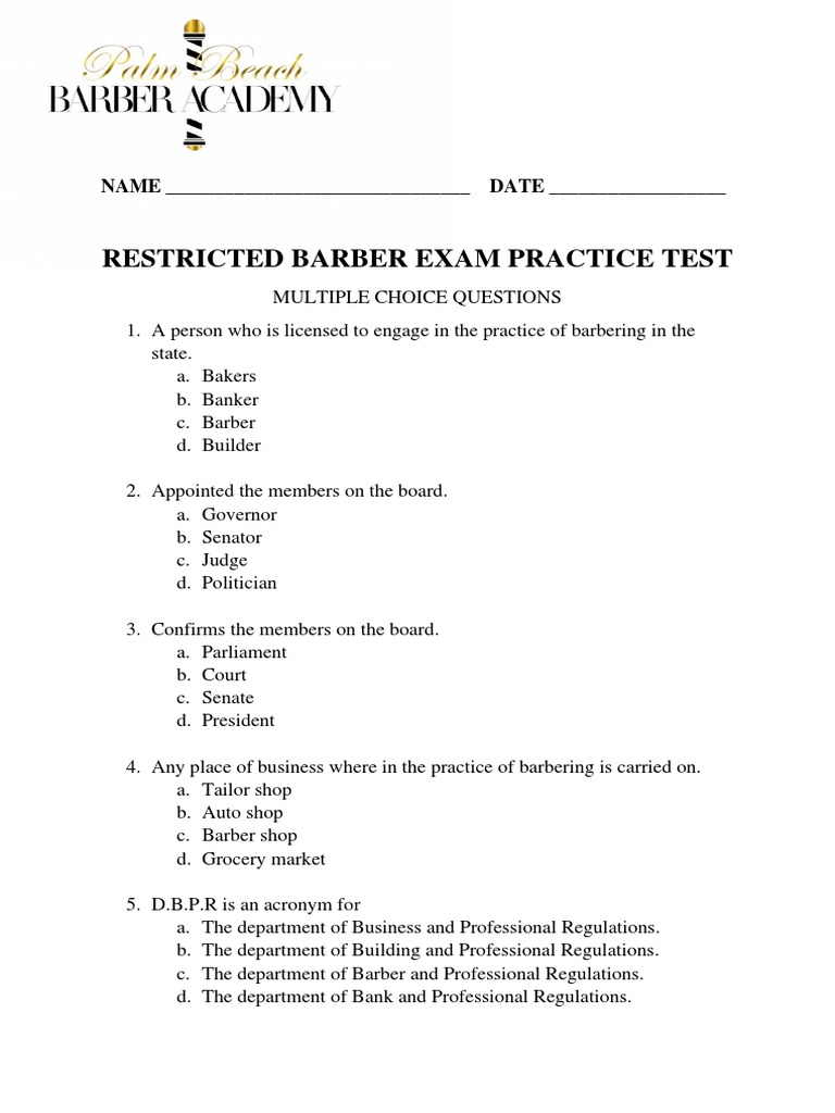 Restricted Barber Exam Practice Test Edited2 | Download Free PDF ...