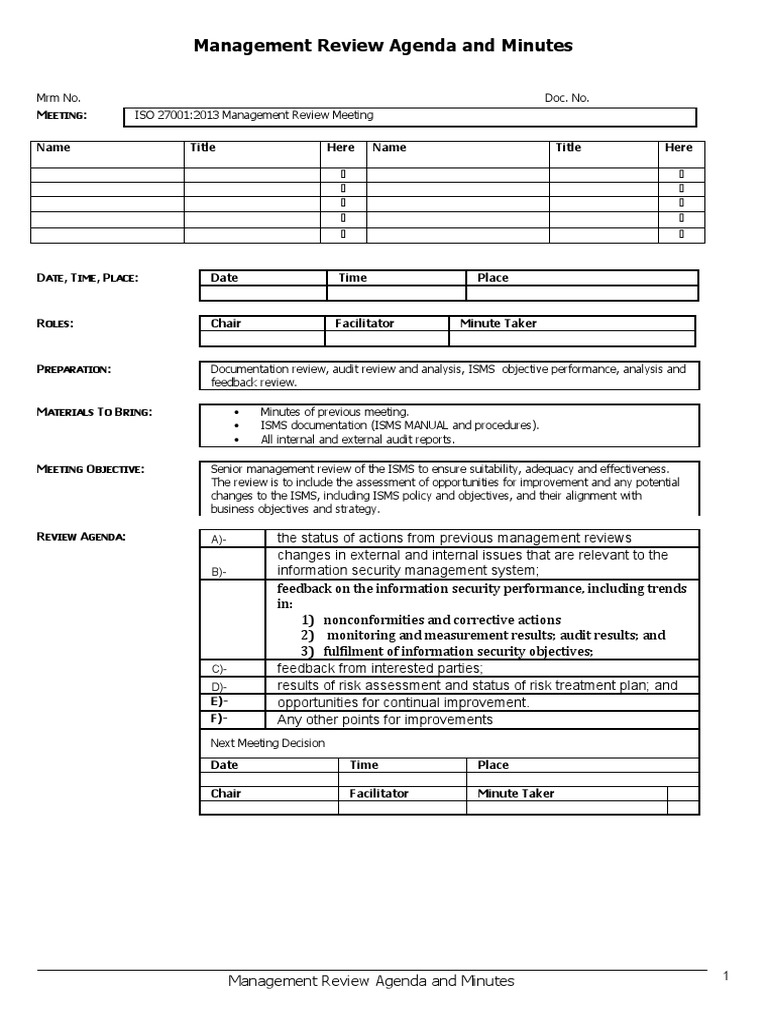 Management Review Agenda and Minutes: M: Name Title Here Name Title ...