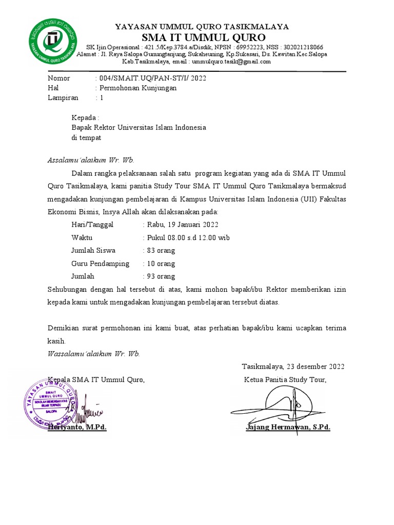 Surat Study Tour Rektor UII | PDF