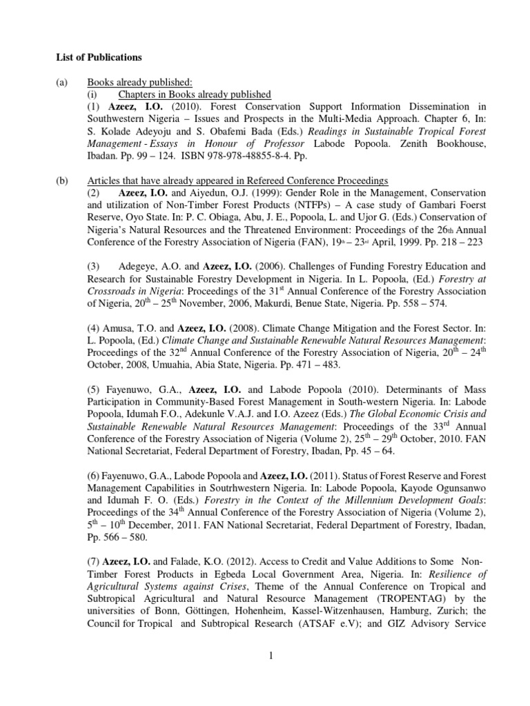 List of Publications-Dr I.O.Azeez | PDF | Forestry | Nigeria