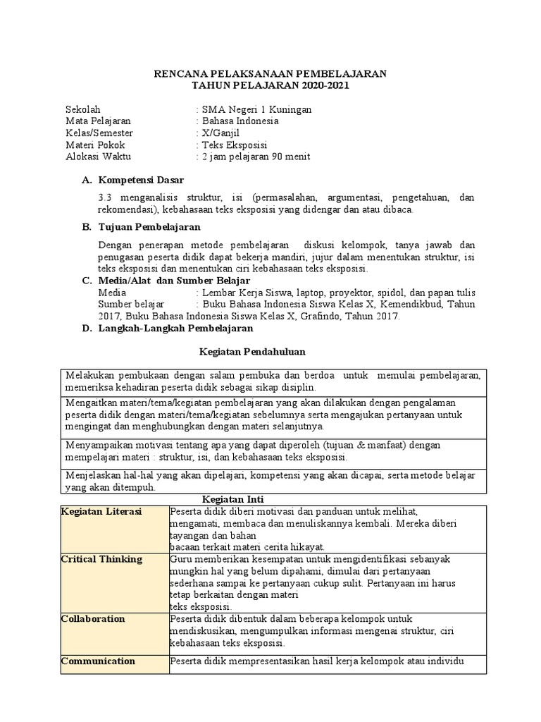 Contoh RPP Satu Lembar Edit | PDF