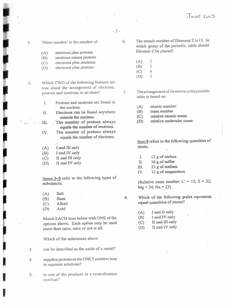 CSEC Chemistry Paper 1 May - June 2013 | PDF