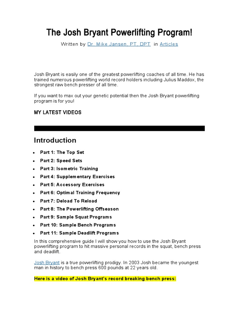 Josh Bryant Powerlifting Program Guide | PDF | Muscle Contraction ...