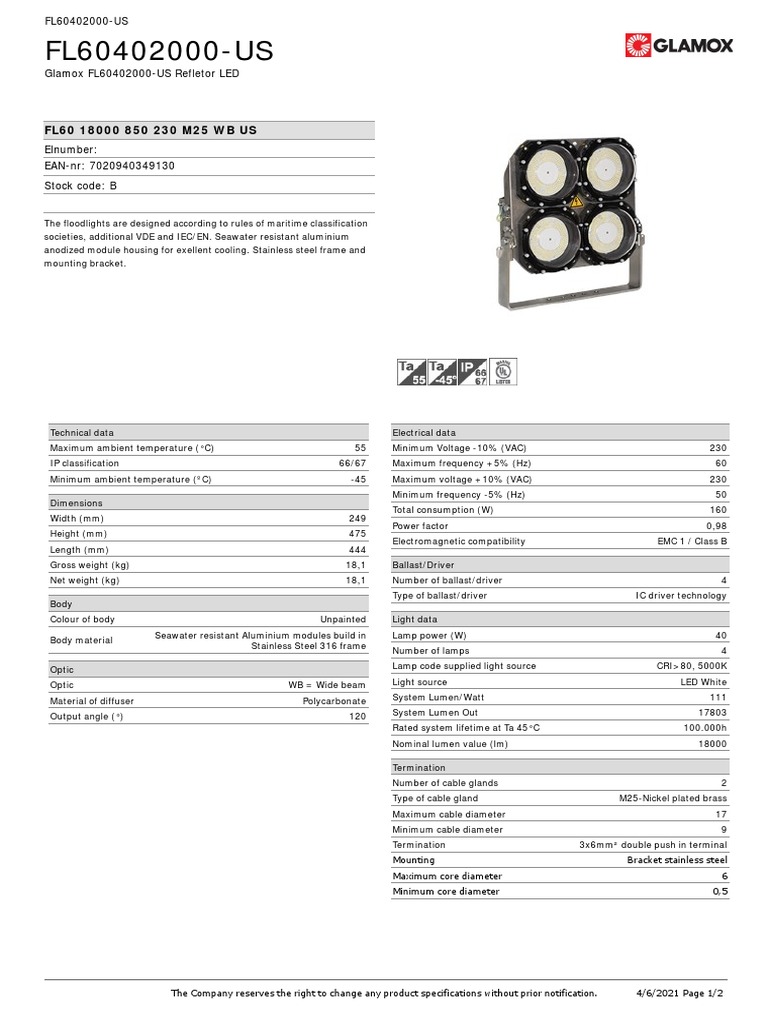 Glamox FL60402000-US Refletor LED 230V 40W Ficha Tecnica Catalogo ...