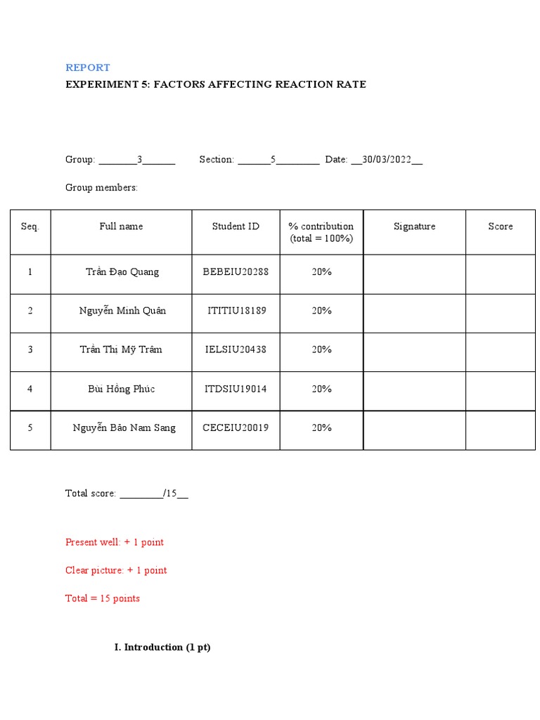 Experiment 5: Factors Affecting Reaction Rate: Present Well: + 1 Point ...