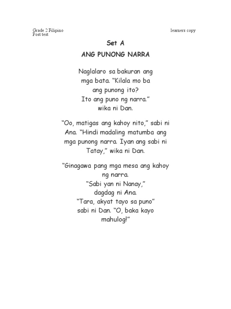 Grade 2 Filipino Post Test | PDF