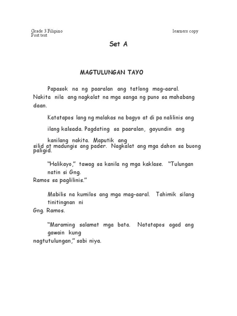 Grade 3 Filipino Post Test | PDF