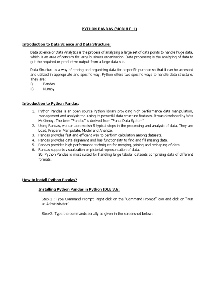 Python Pandas Module1 Pdf Python Programming Language Data 7782