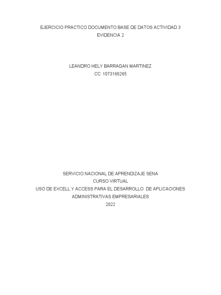 Actividad 3 - Evidencia 2 Ejercicio Práctico Documento Base de Datos ... Actividad 3 - Evidencia 2 Ejercicio Práctico Documento Base de Datos ...