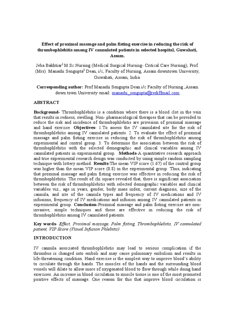 Palm Fisting, Thrombophlebitis, IV Cannulated Patient, VIP Score ...