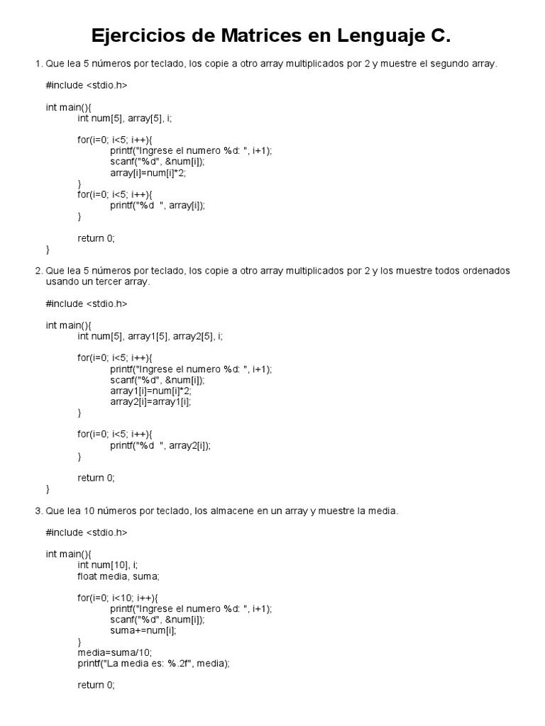 Ejercicios de Matrices en Lenguaje C Sin Resolver | PDF | Estructura de ...
