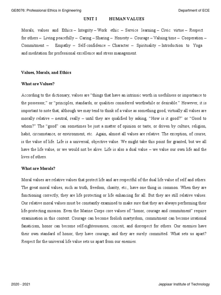 Unit I Human Values: GE8076: Professional Ethics in Engineering ...