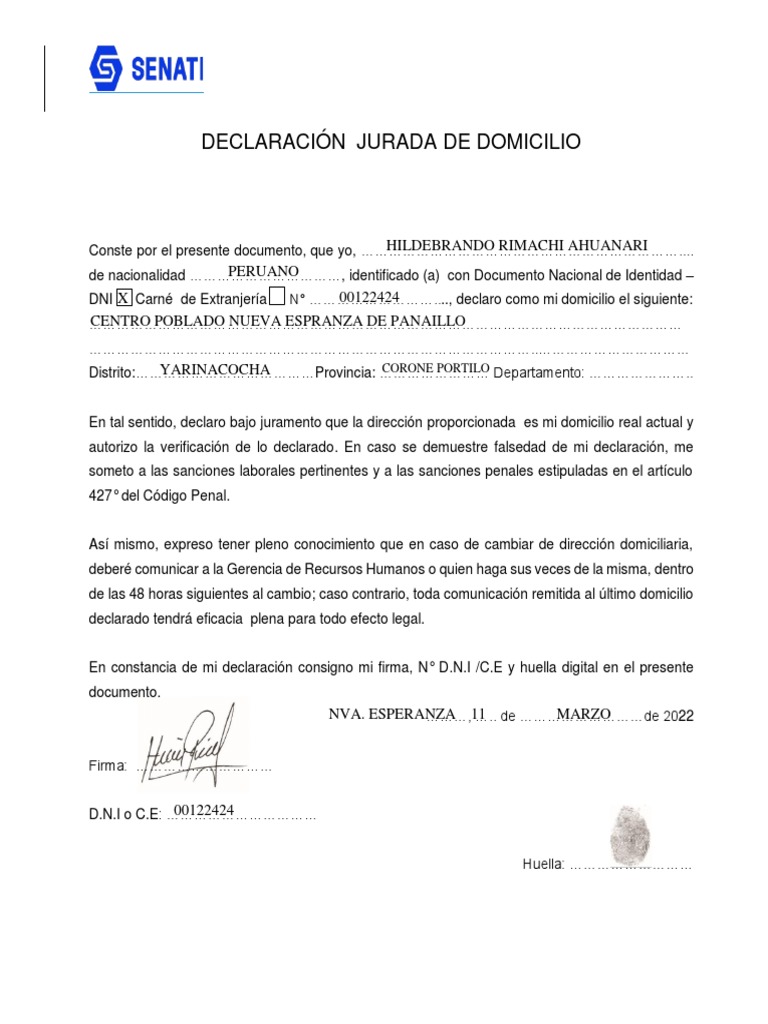 Declaración Jurada Simple de Domicilio | PDF