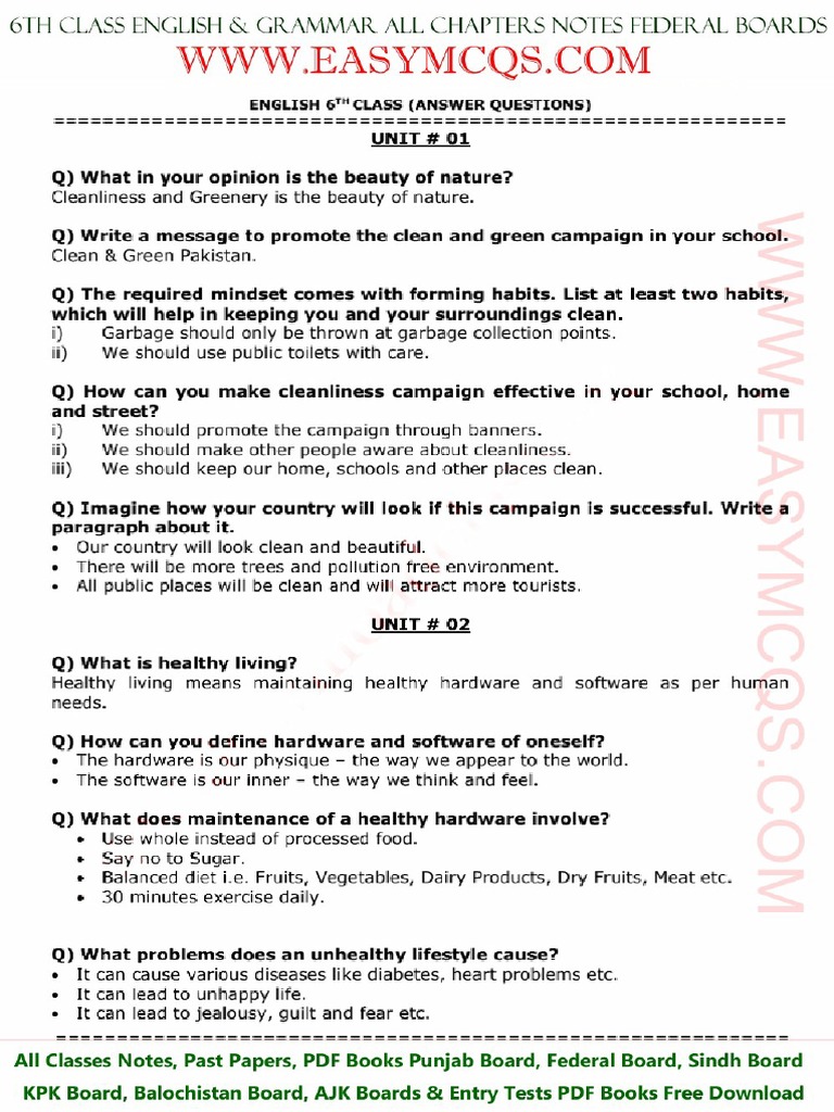 6th English Federal Board 2019 Syllabus Notes | PDF