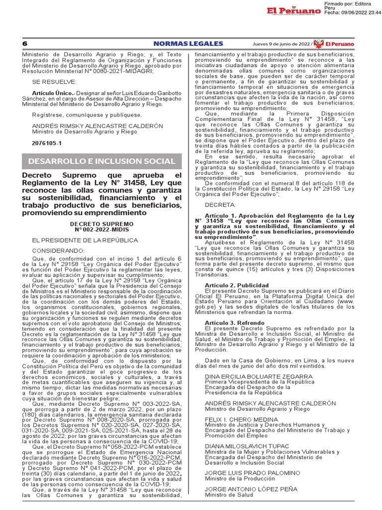 Decreto Supremo Que Aprueba El Reglamento de La Ley N 31458 Decreto Supremo N 002 2022 Midis ...