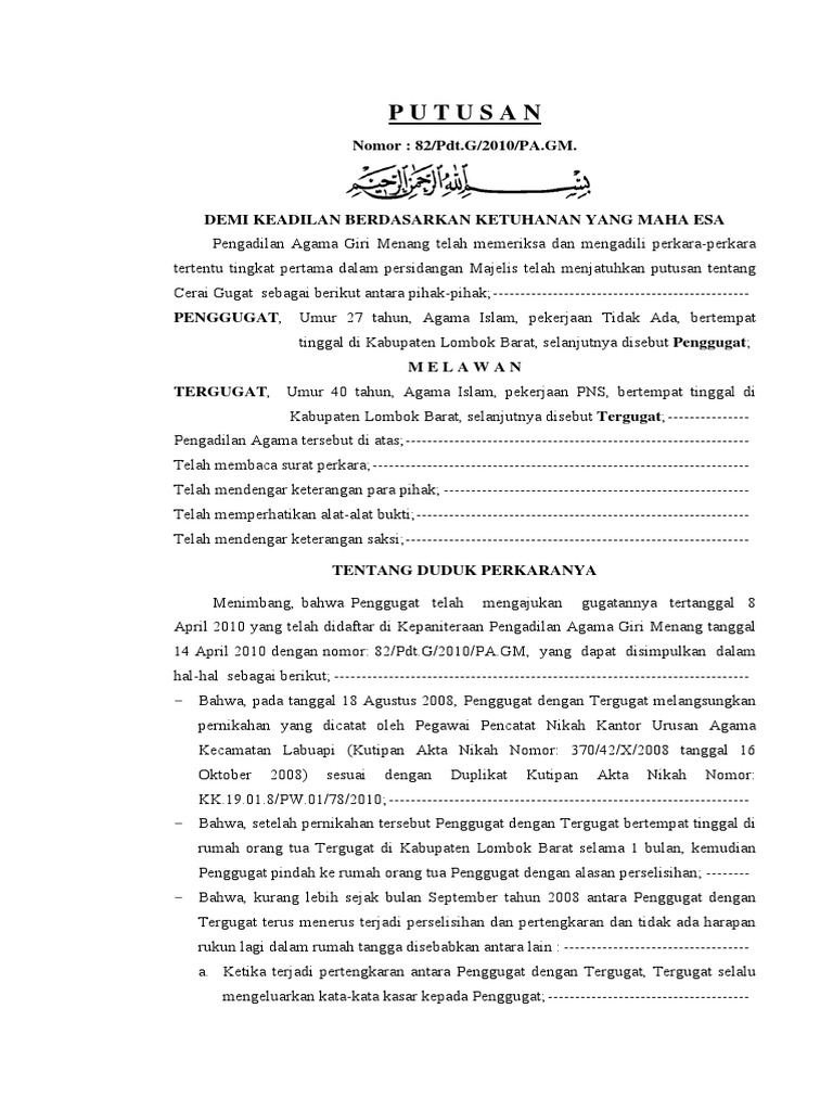 Putusan Cerai Gugat No. 82 THN 2010 | PDF