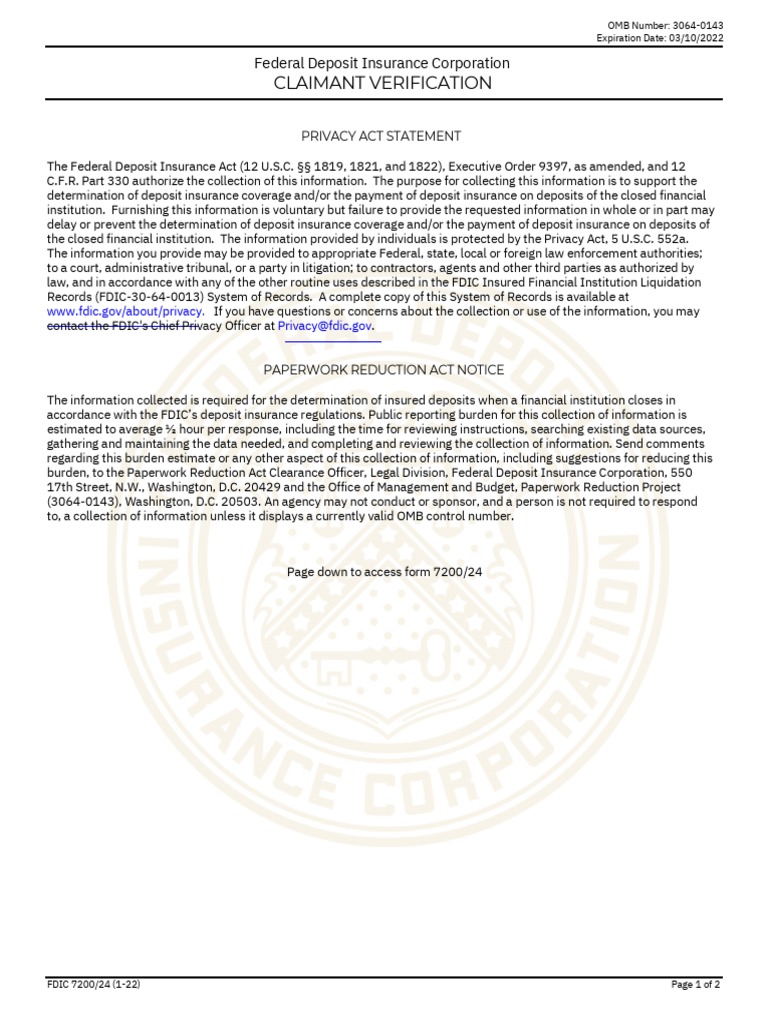 FDIC Claimant Verification Form 7200/24 | PDF | Federal Deposit ...