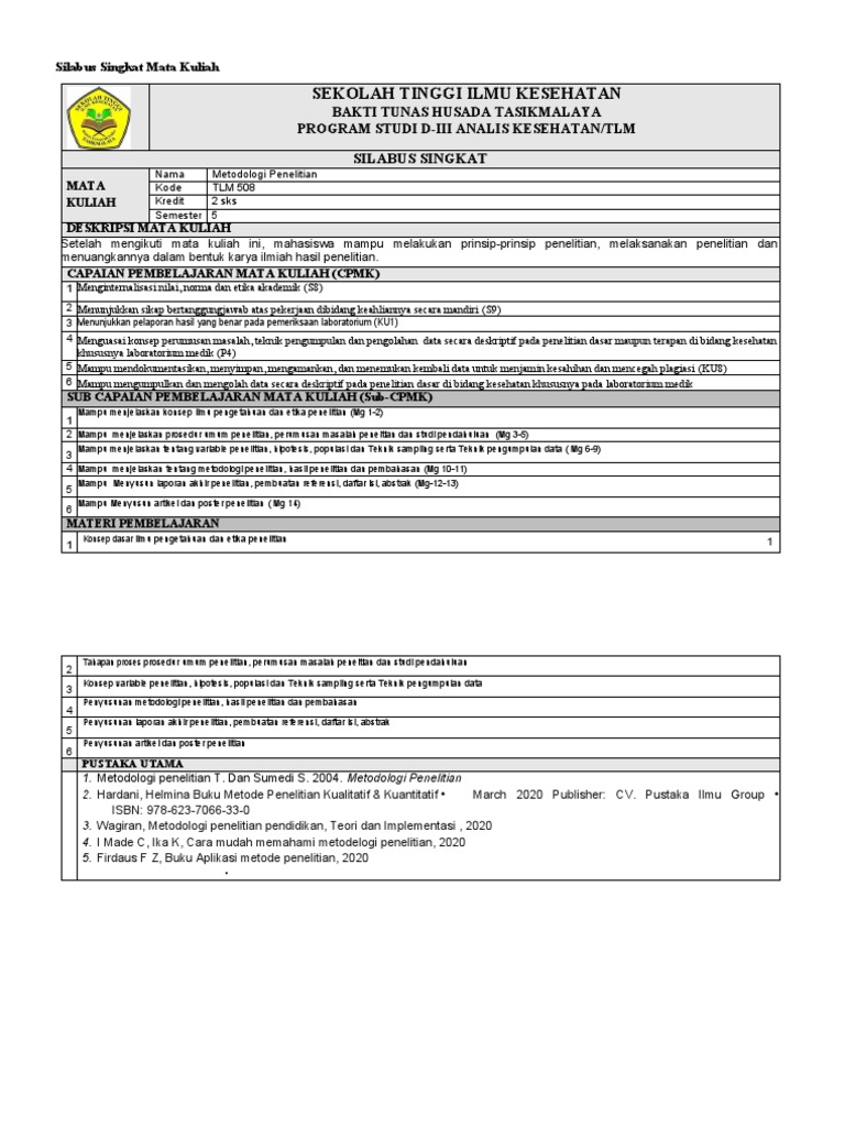 Template Silabus Singkat Mata Kuliah | PDF