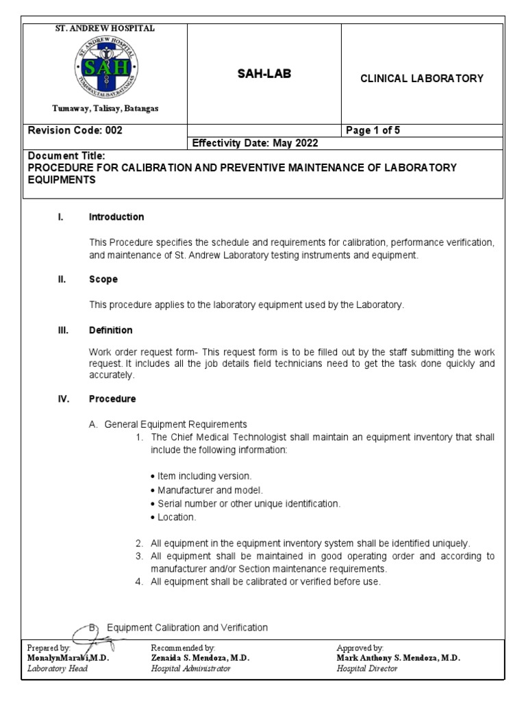 Procedure On Maintenance and Calibration of Laboratory Equipments | PDF ...