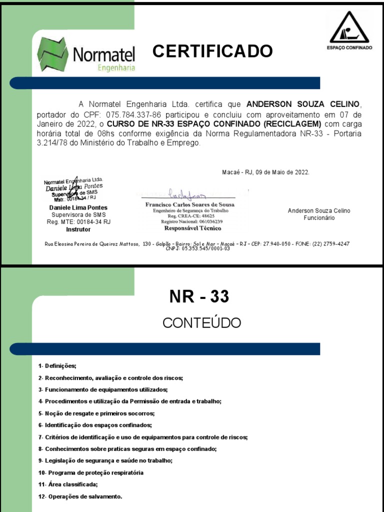 Certificado NR 33 | PDF